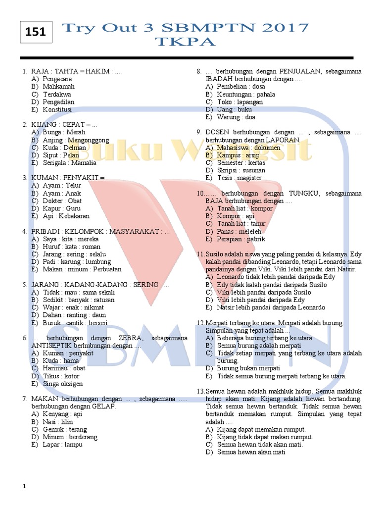 TRY OUT 3 SBMPTN 2017 TKPA Kode 151 | PDF