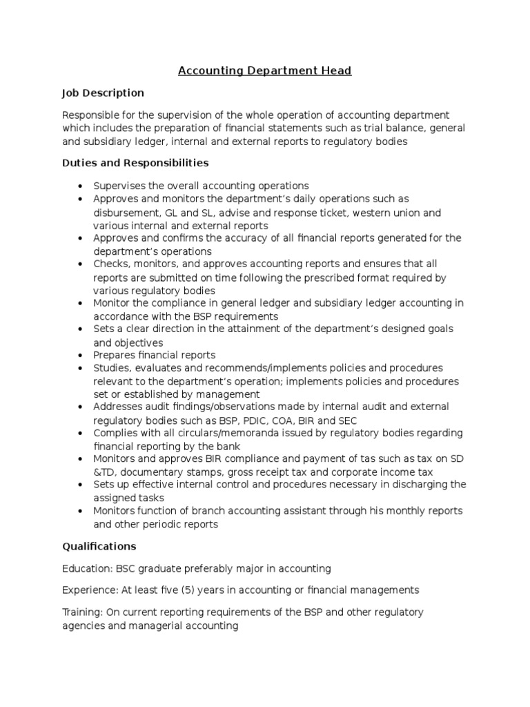 Accounting Department Head Overview | PDF | Finance & Money Management