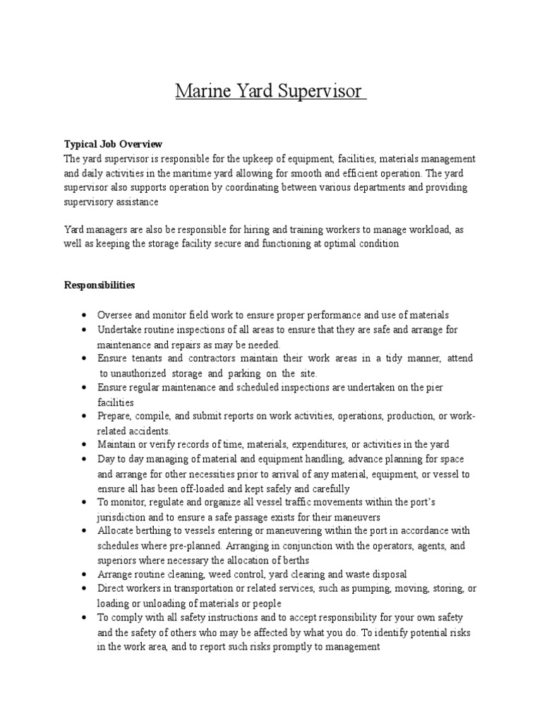 Marine Yard Supervisor Responsibilities | PDF | Supervisor | Safety