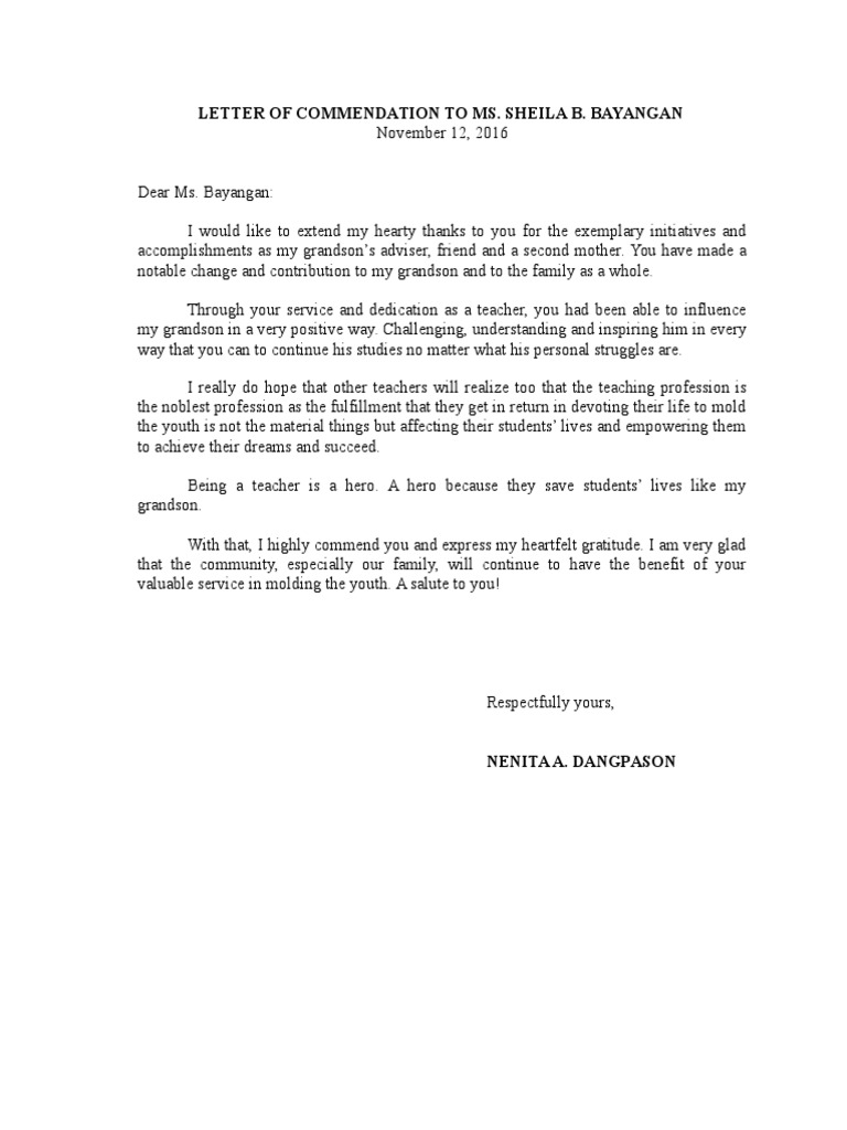 Letter of Commendation To Sheila Bayangan | PDF