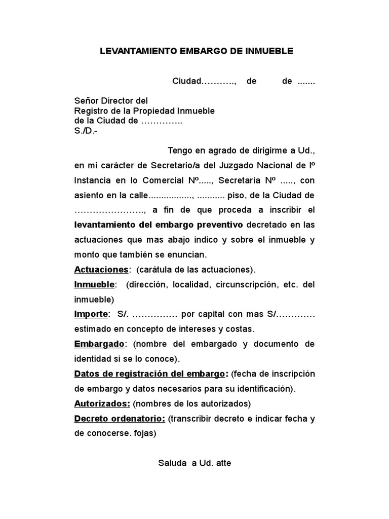 Levantamiento Embargo de Inmueble | PDF
