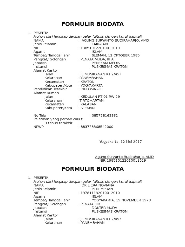 Biodata Agung Suryanto dan Liera Noviana | PDF
