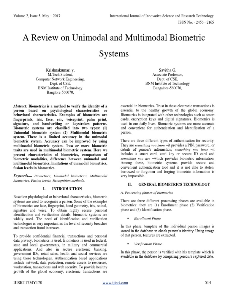 A Review On Unimodal and Multimodal Biometric Systems | PDF ...