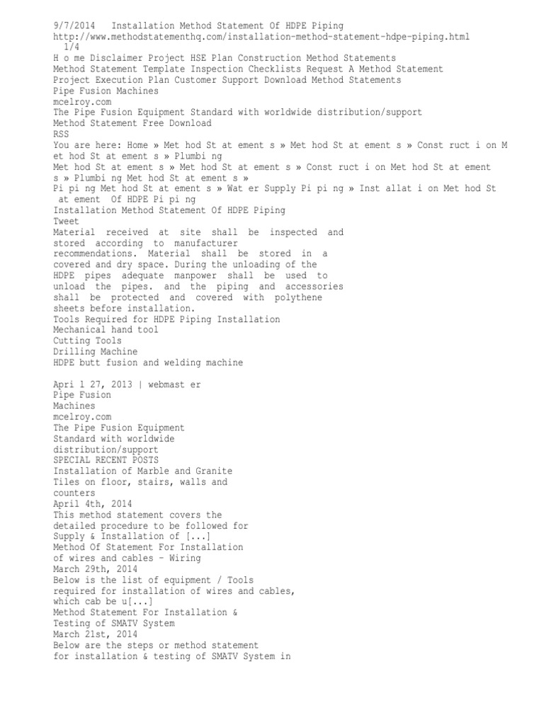 Installation Method Statement of HDPE Piping PDF | Download Free PDF ...