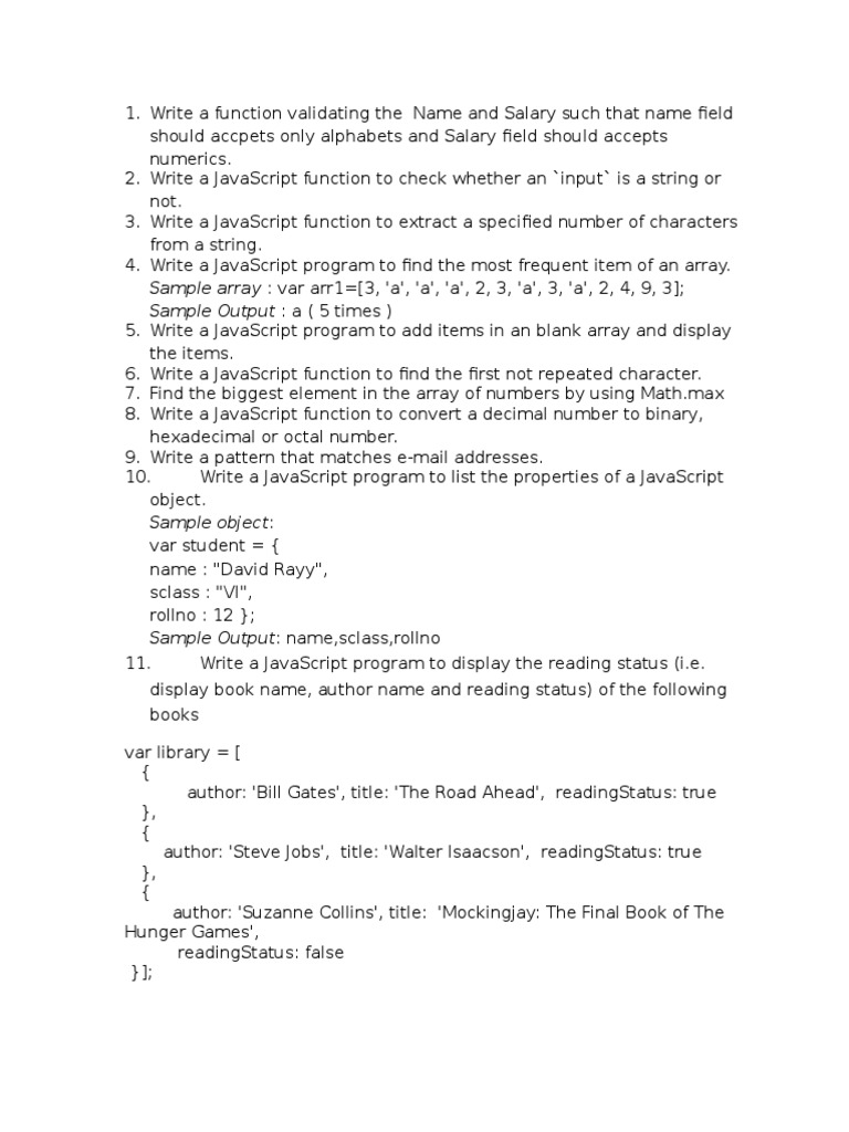 Javascript Tasks Pdf