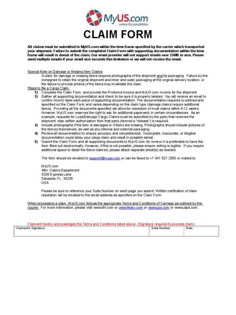 MyUS.com Claim Form | Cargo | Email