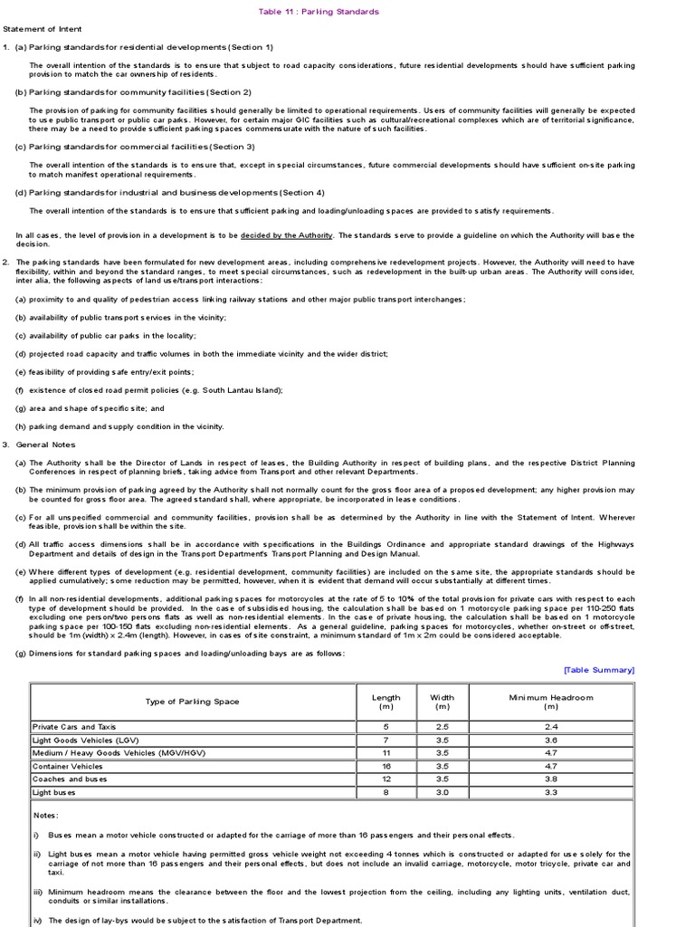 Table 11 - Parking Standards | PDF | Parking | Parking Lot