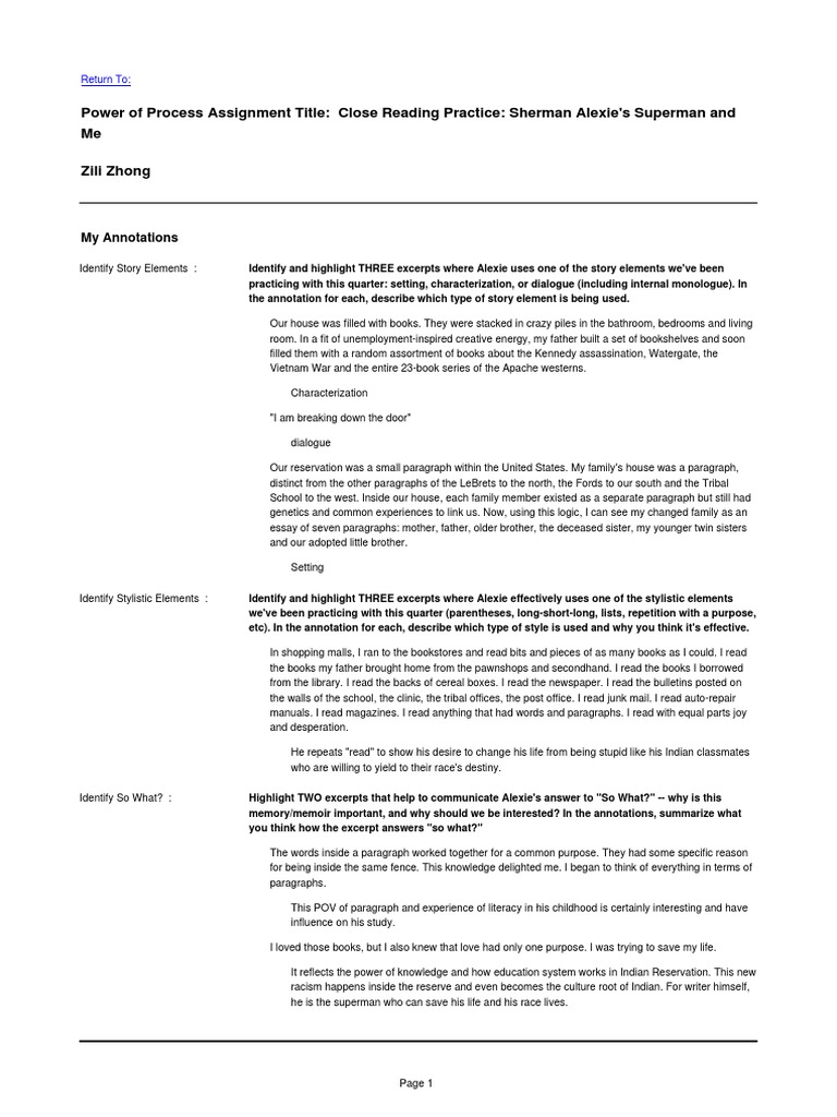 Close Reading Practice Sherman Alexies Superman and Me | PDF | Superman