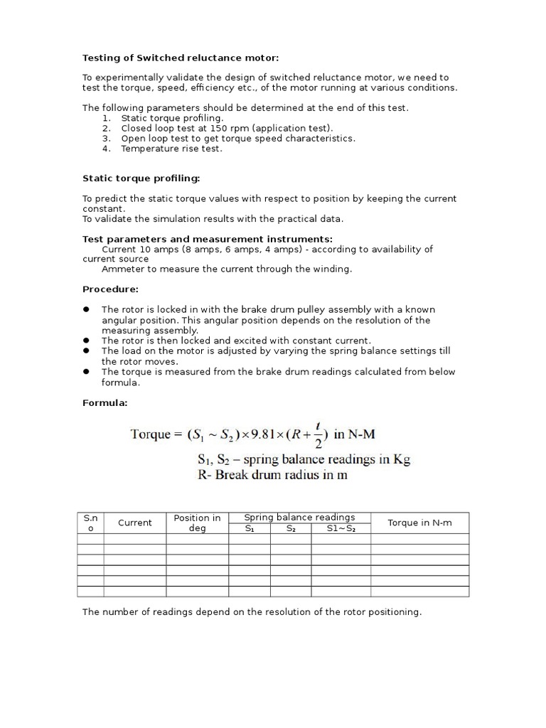 Test SRM: Validate Design & Measure Torque, Speed, Efficiency | PDF