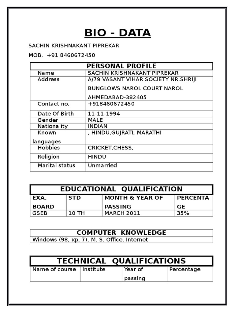 Bio - Data: Technical Qualifications | PDF