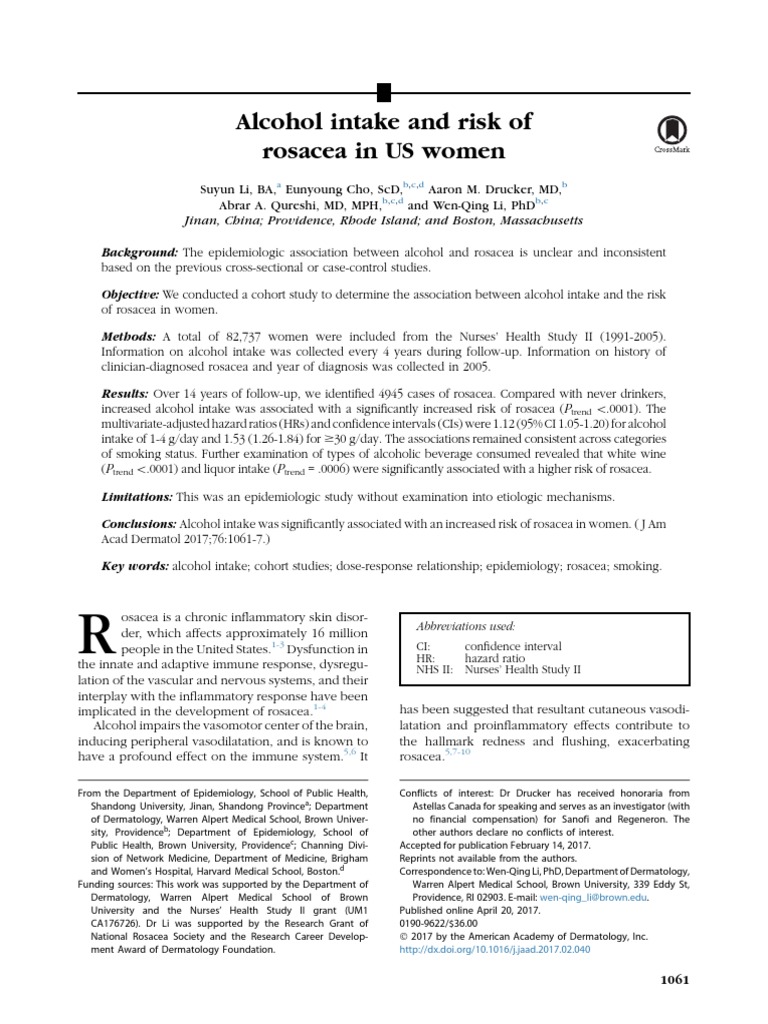 Alcohol Intake and Risk of Rosacea in US Women: A B C D B B C D B C ...