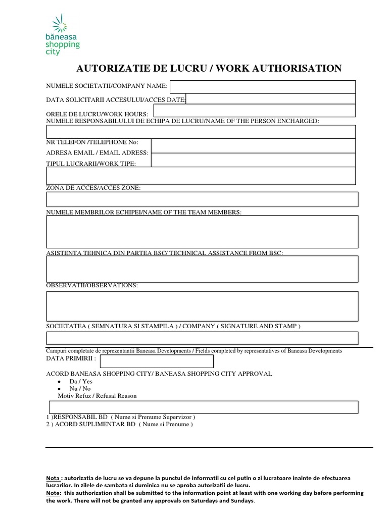 Baneasa Work Authorization Guidelines | PDF