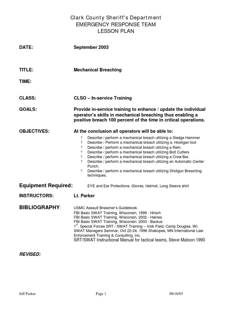 Lesson Plan Basicmechanicalbreaching | PDF | Door | Shotgun