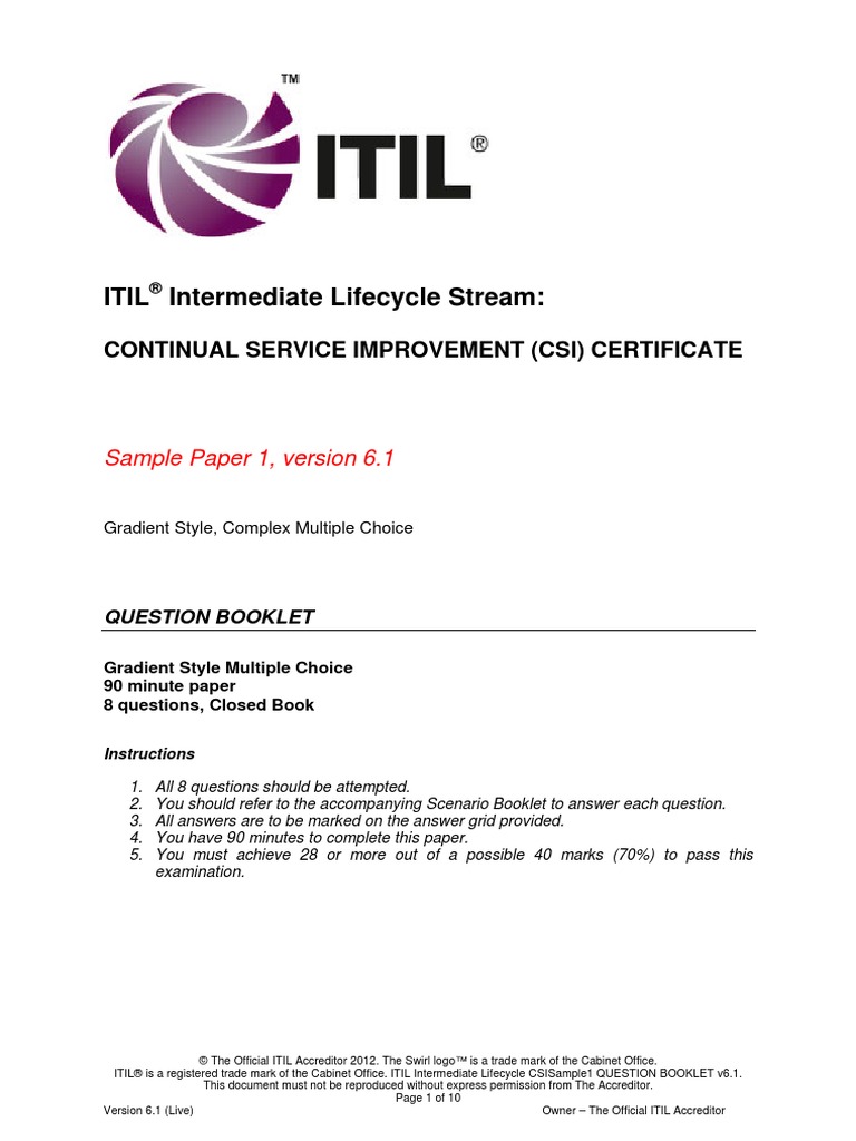 Itil Csi Sample Paper1 v6 1 PDF | PDF | Itil | Swot Analysis