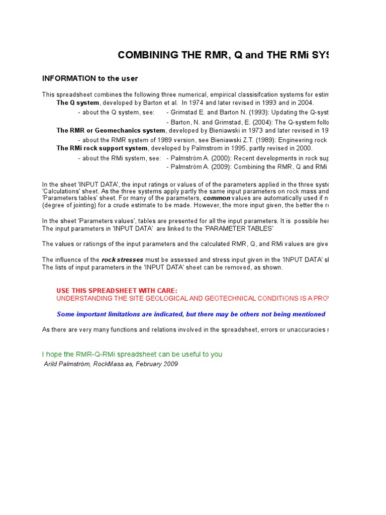 RMR Calculate | PDF | Volume | Spreadsheet