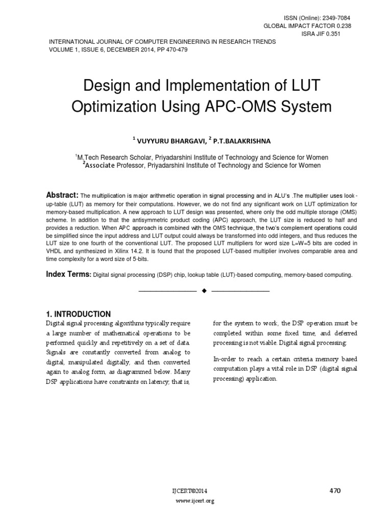 Design and Implementation of LUT Optimization Using APC-OMS System | PDF | Digital Signal ...