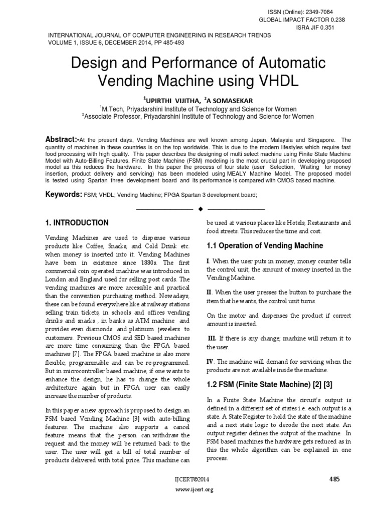 Design and Performance of Automatic Vending Machine Using VHDL | PDF | Vending Machine | Field ...