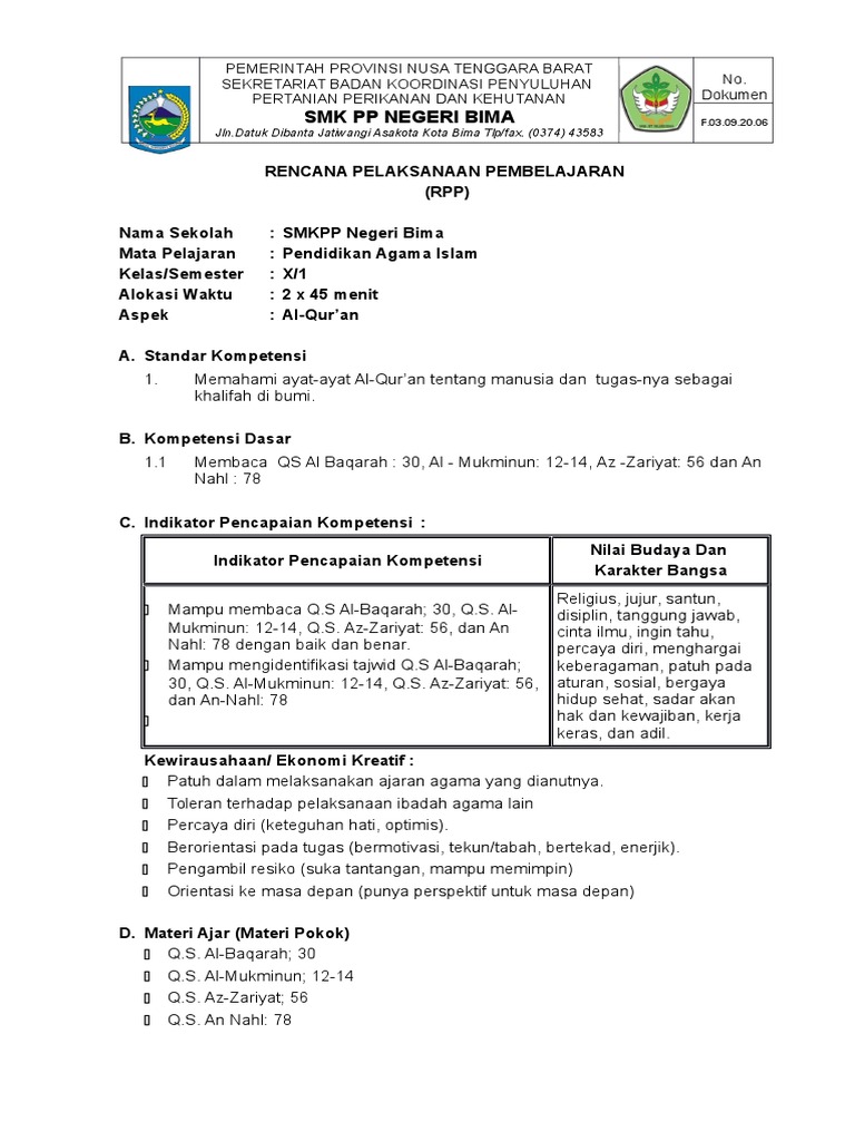 RPP Pai SMK Kelas X Semester 1 2013 | PDF