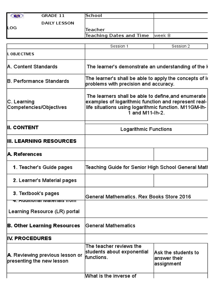 Grade 11 Logarithmic Functions Lesson | PDF | Logarithm | Equations