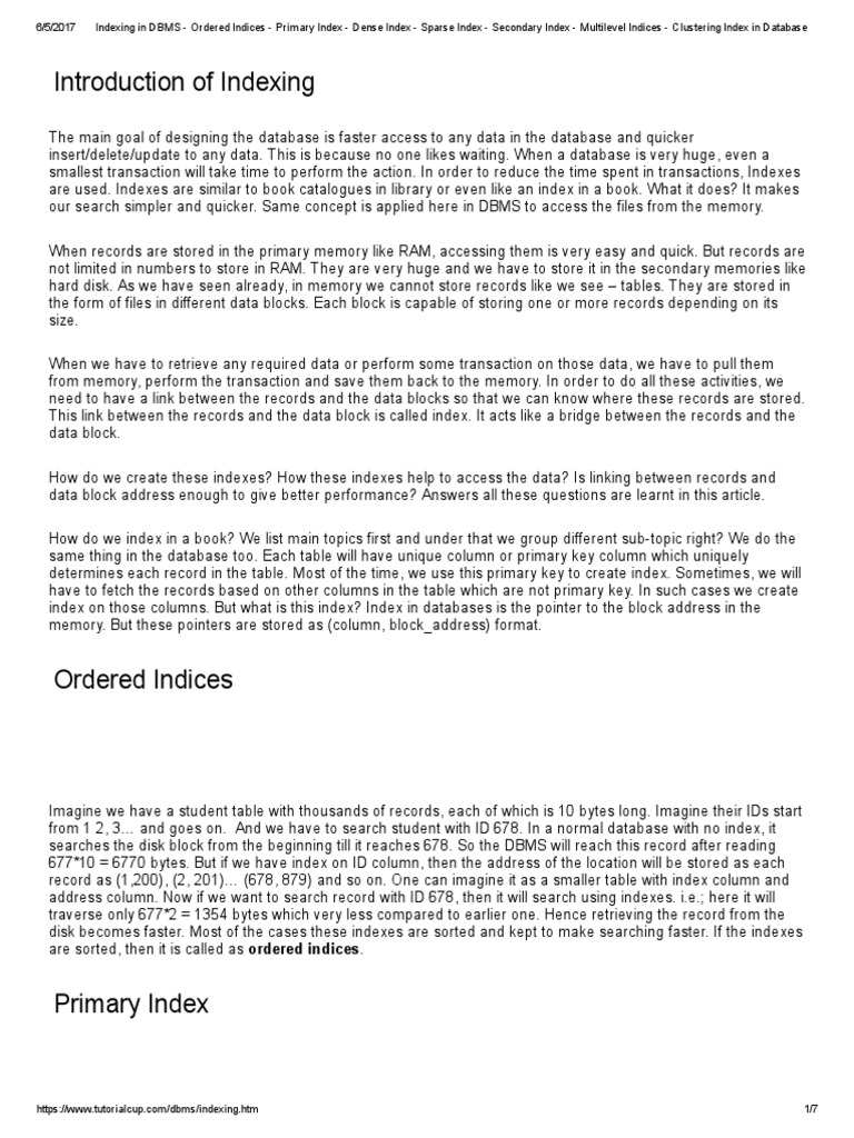 Indexing in DBMS - Ordered Indices - Primary Index - Dense Index - Sparse Index - Secondary ...