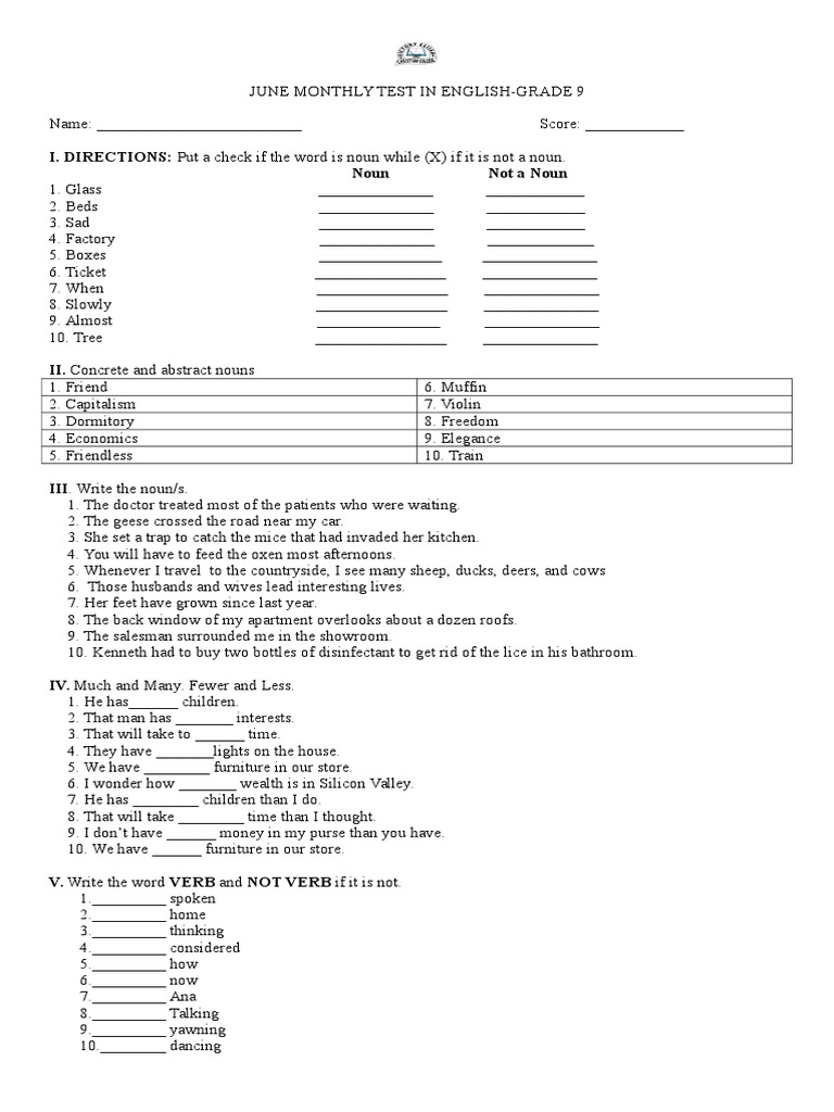 Grade 9 English Monthly Tests | PDF | Verb | Phrase