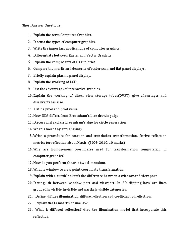 Computer Graphics Question Bank | PDF | 2 D Computer Graphics ...