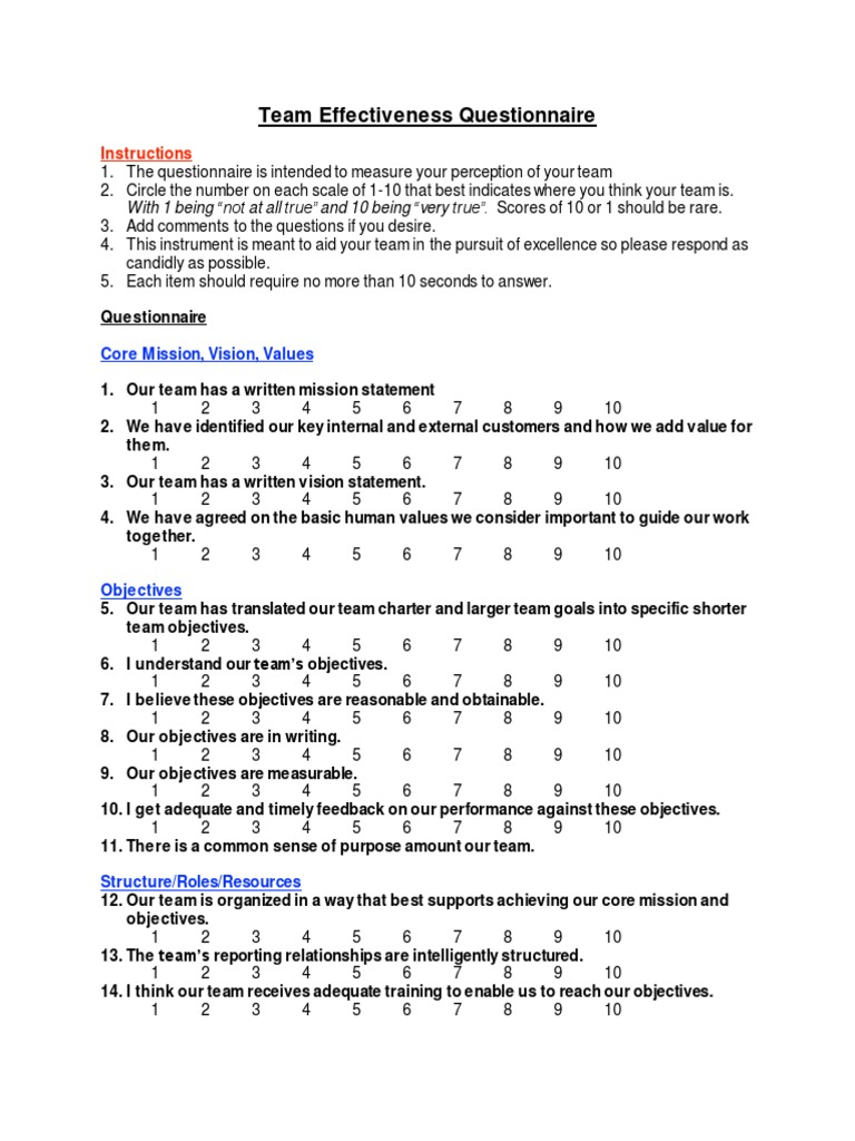 Team Effectiveness Questionnaire Sample | PDF | Questionnaire | Cognition
