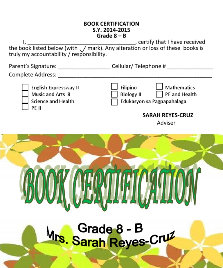 Book Certification S.Y. 2014-2015 Grade 8 - B | PDF | Learning | Wellness