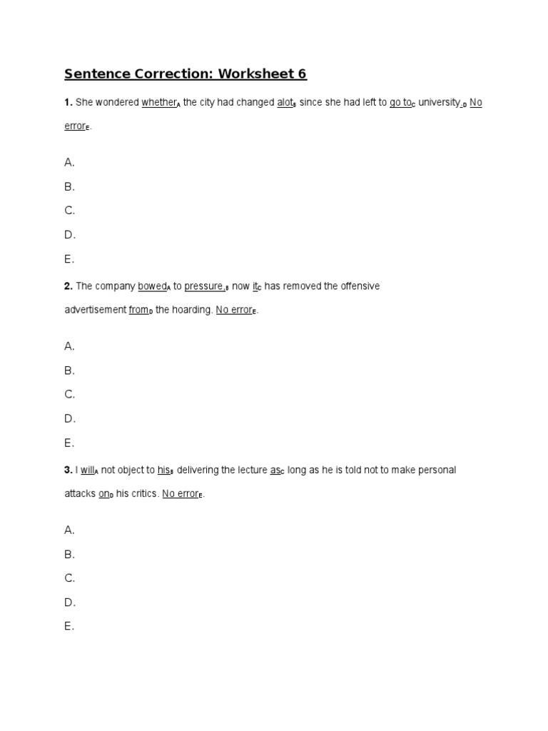 Sentence Correction: Worksheet 6: A. B. C. D. E | Download Free PDF ...