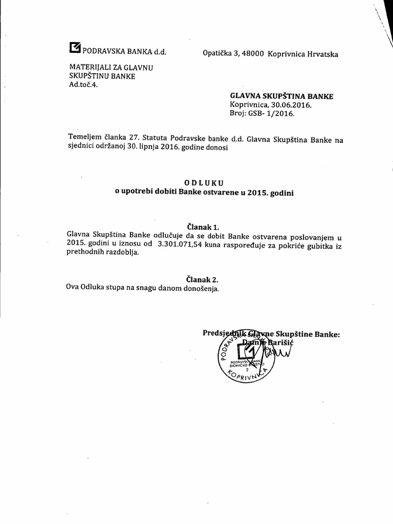 Odluka o Raspodjeli Dobiti Ili Pokricu Gubitaka 2015 MB03015904 | PDF
