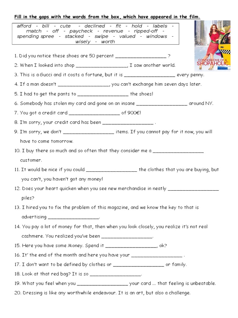 Vocabulary Worksheet From Movie Confessions of A Shopaholic | PDF