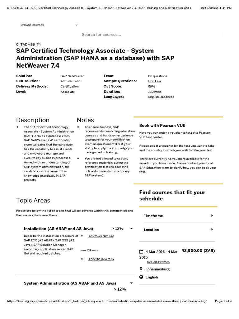 C Tadm55 74 Sap Certified Technology Associate System Administration Sap Hana As A