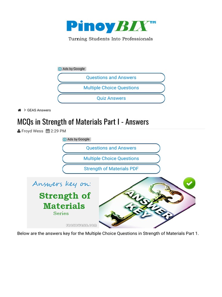 Mcqs in Strength of Materials Part I - Answers: Questions and Answers ...