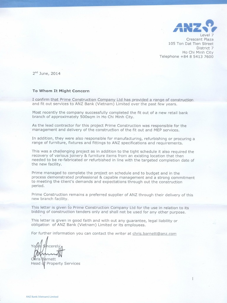Reference Letter (ANZ Cong Hoa) | PDF