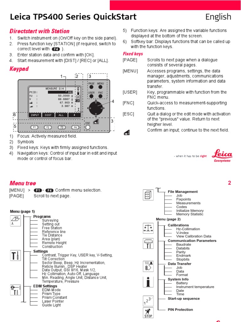 Leica Tps400 Series Quickstart: English | PDF | Menu (Computing) | Parameter (Computer Programming)