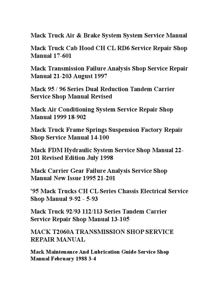 Mack Maintenance and Lubrication Guide Service Shop Manual February ...