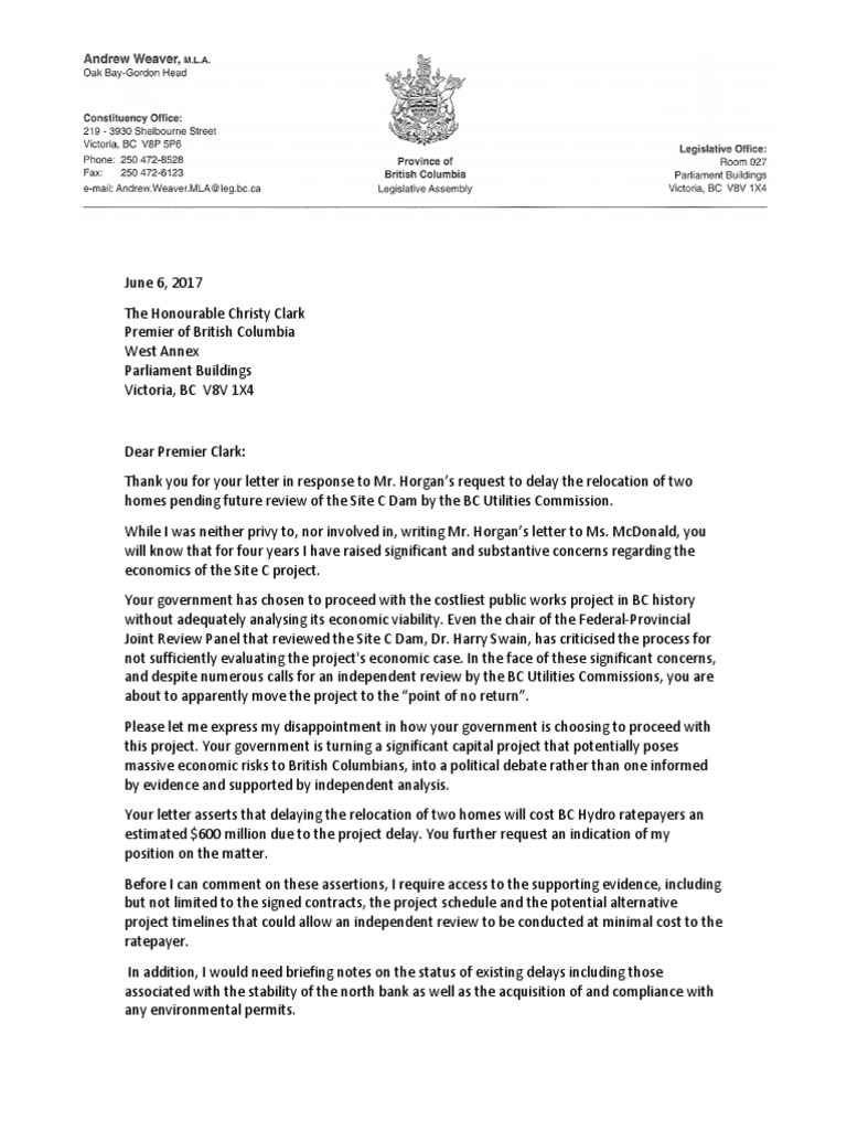 Letter to the Premier Re Site C