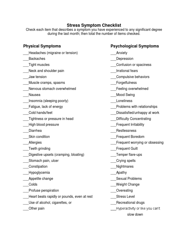 Stress Symptom Checklist: Physical Symptoms Psychological Symptoms | PDF