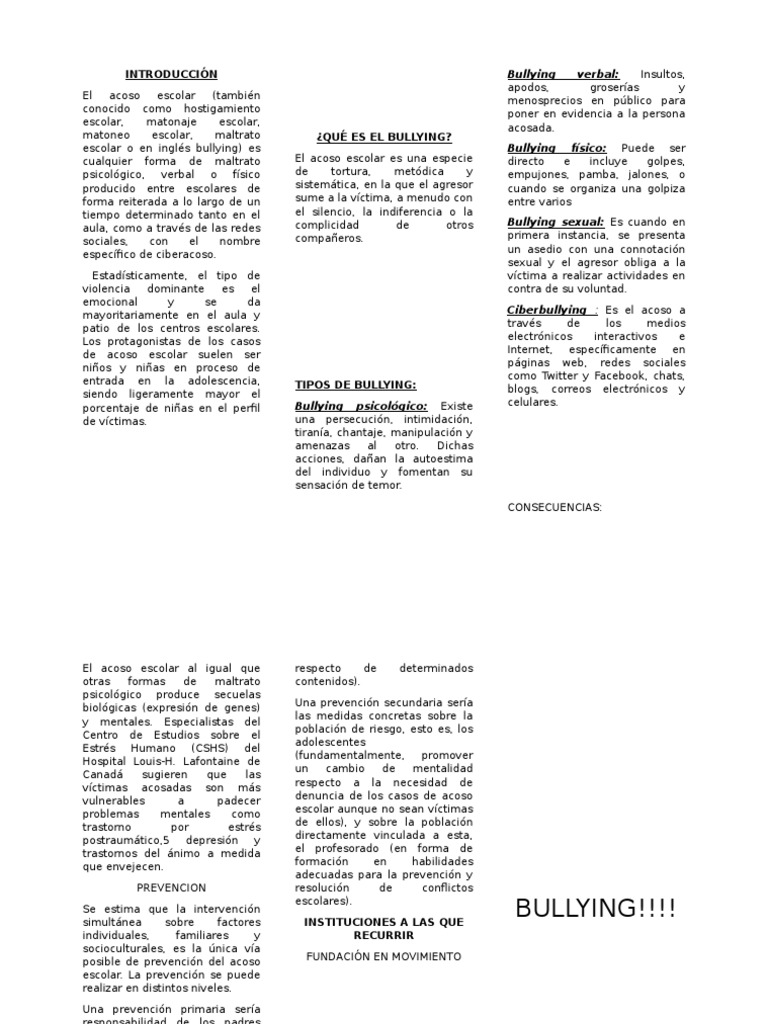 Triptico de Bullying | PDF | Agresión | Violencia