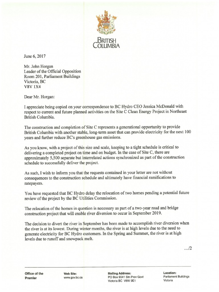Premier Christy Clark Letter To NDP Leader John Horgan | PDF