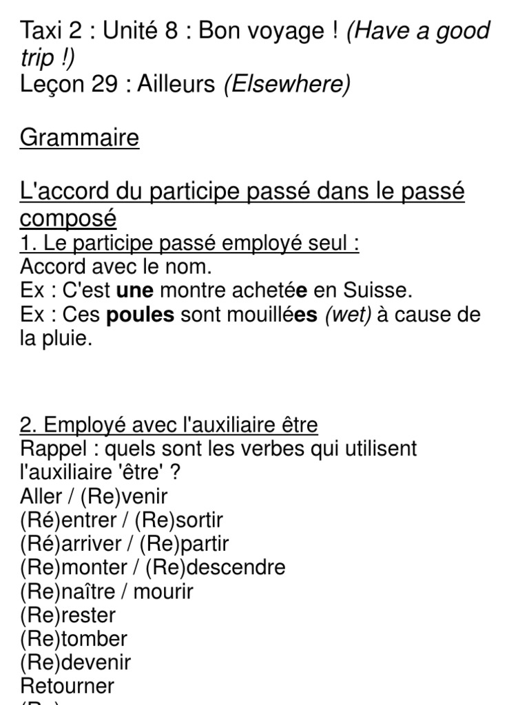 Unite 8 Leçon 29 Grammaire - L'Accord Du Participe Passé Dans Le Passé ...