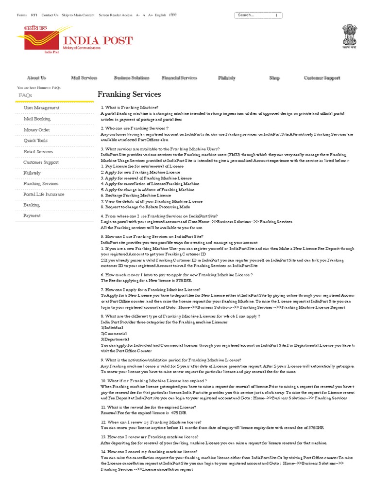 Franking Services of Indian Post | PDF | Mail | Fee