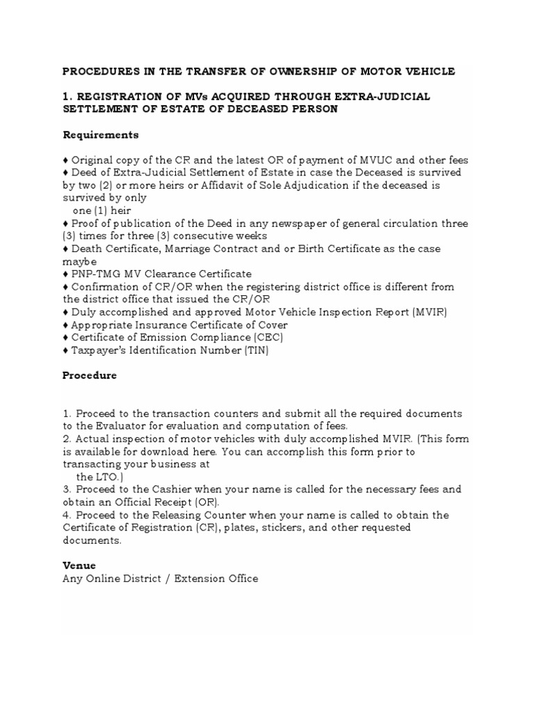Procedures in The Transfer of Ownership of Motor Vehicle | PDF | Notary ...