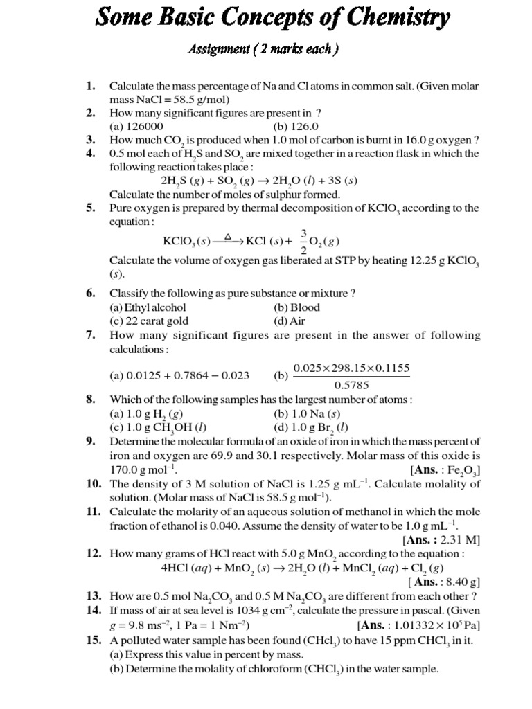 11 Chemistry Chapter 1 Assignment 1 Mole Unit Physical Chemistry 