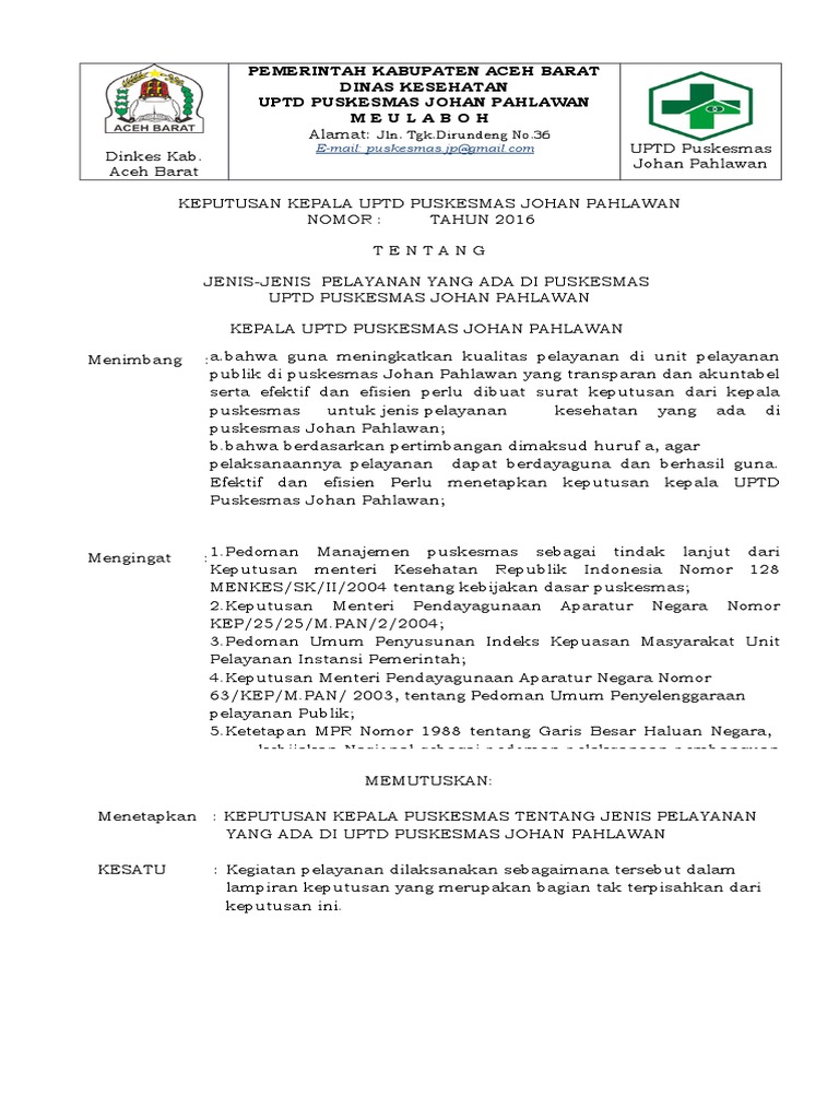 SK Kepala Puskesmas Tentang Jenis Pelayanan Yang Disediakan | PDF