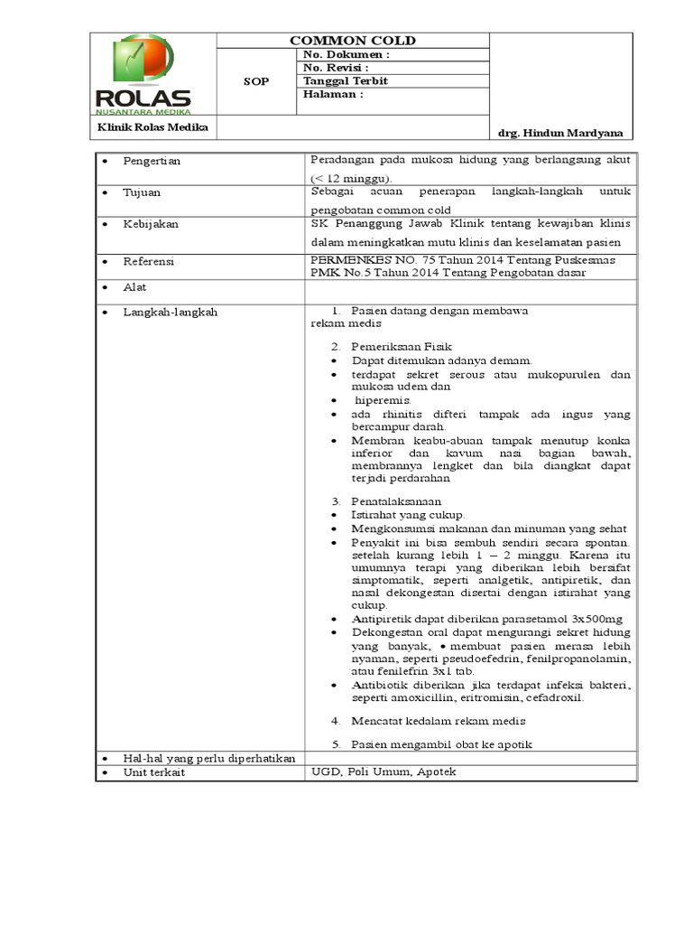SOP Common Cold | PDF
