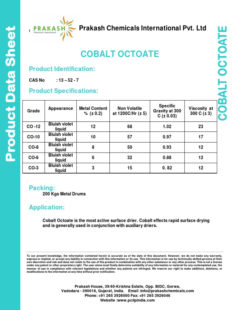 Cobalt Octoate: Prakash Chemicals International Pvt. LTD | PDF ...