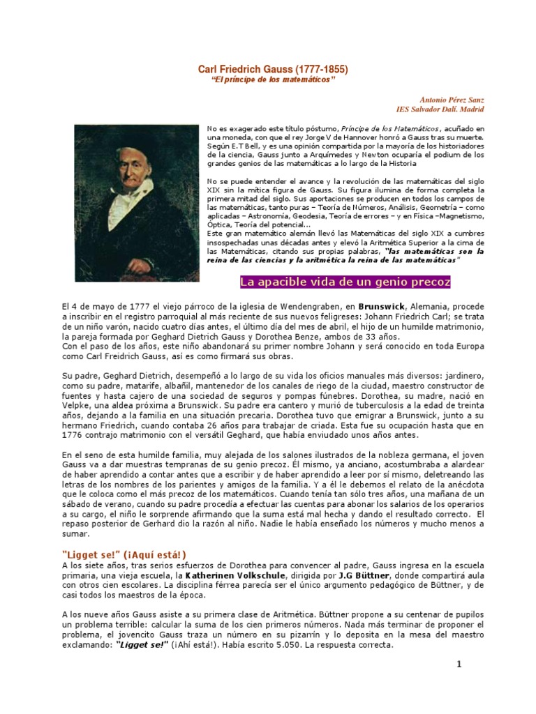 Lectura 2. Carl Friedrich Gauss B | PDF | Teoría de los números ...