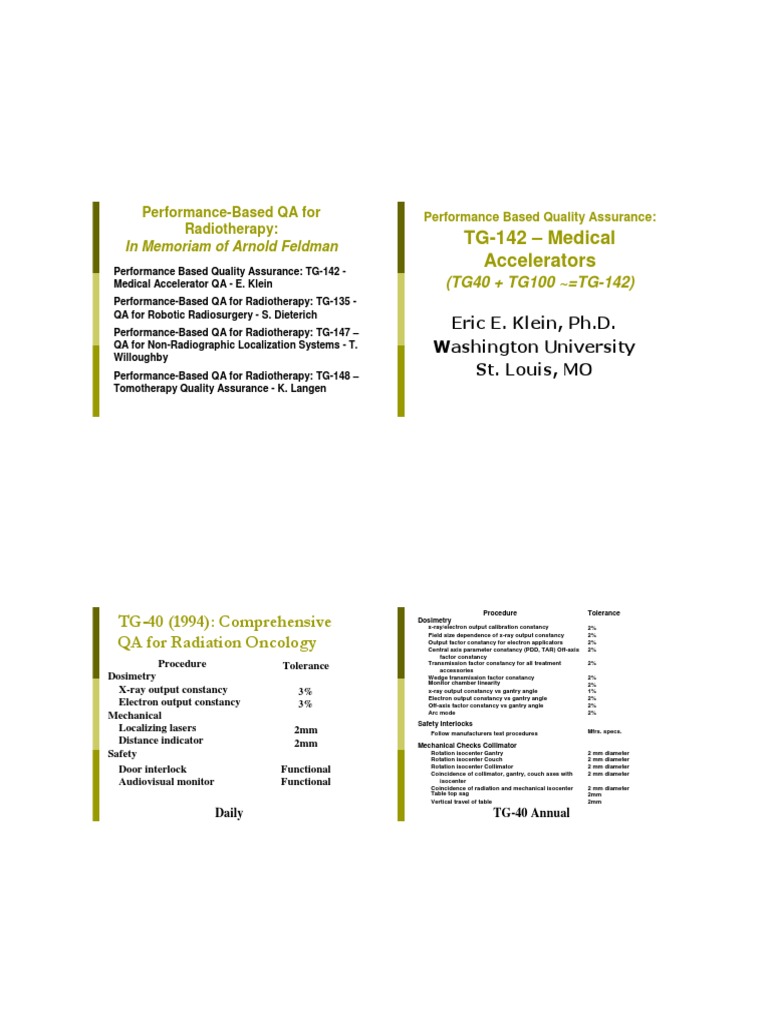TG-142 - Medical Accelerators: Performance-Based QA For Radiotherapy | PDF | Quality Assurance ...