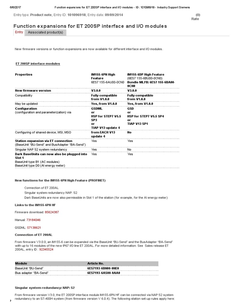 Function Expansions For ET 200SP Interface and I - O Module | PDF | Input/Output | Electronics